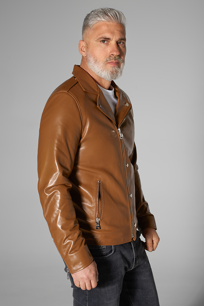 Geaca de piele naturala Beckam, Cognac, Carolina Design